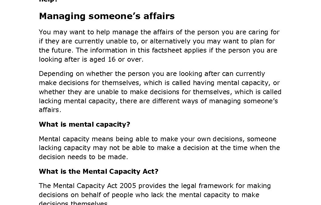 Fact Sheet 4 Finances And Managing Someones Affairs Care For The Carers